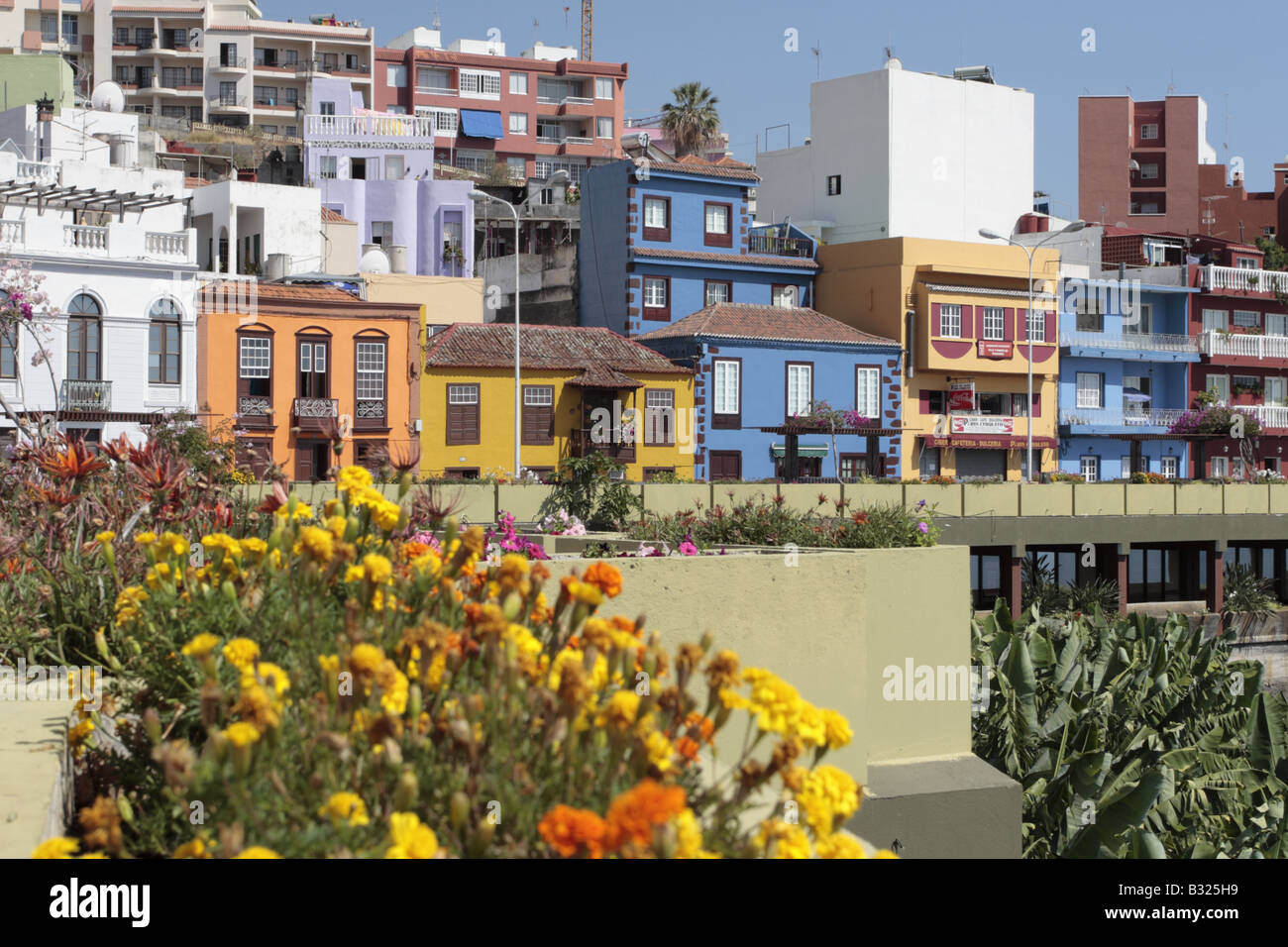The colorful main street of the village of Tazacorte on La Palma Canary ...
