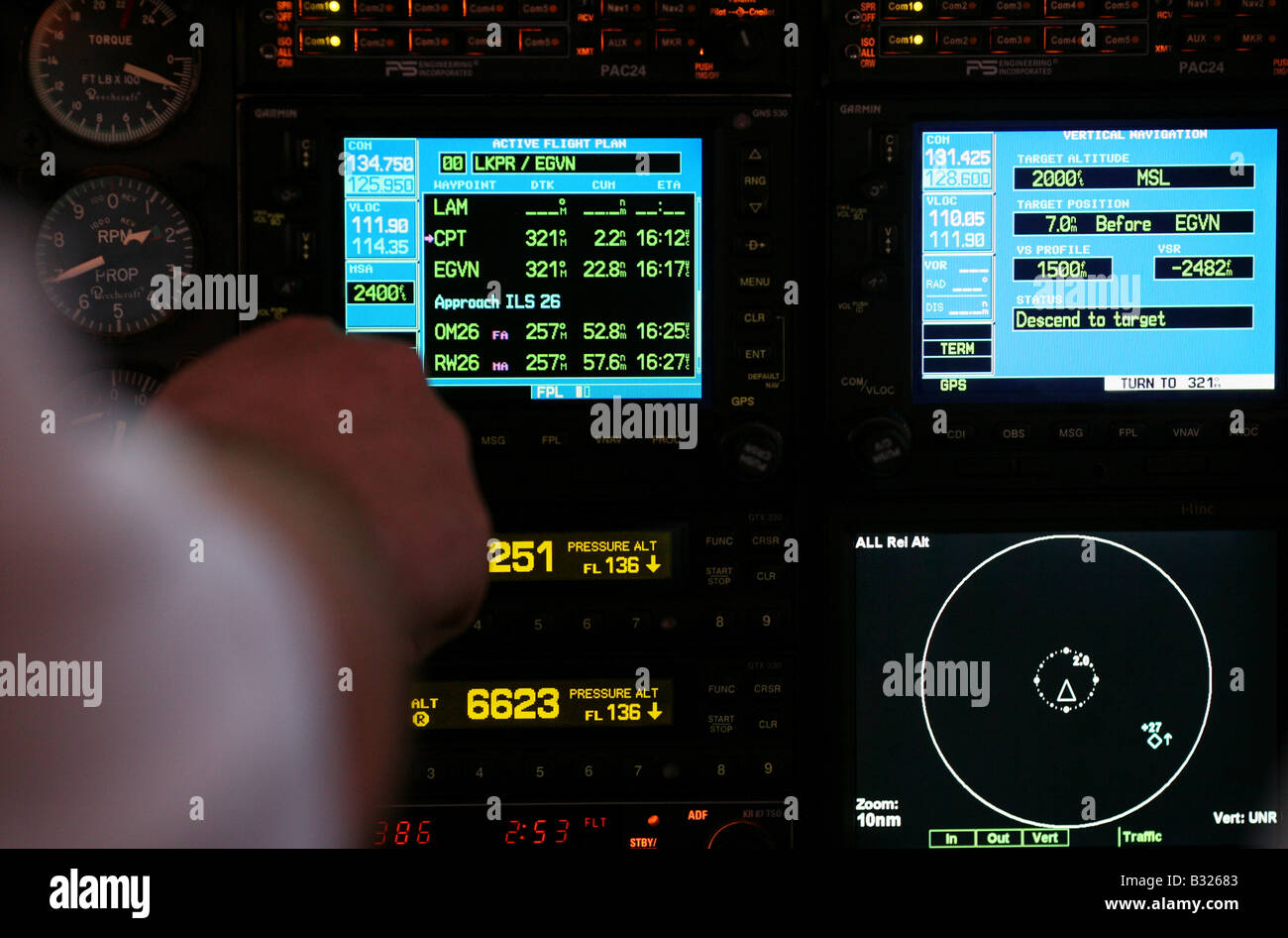 Pilots use their instruments in the cockpit of a small prop plane Stock ...