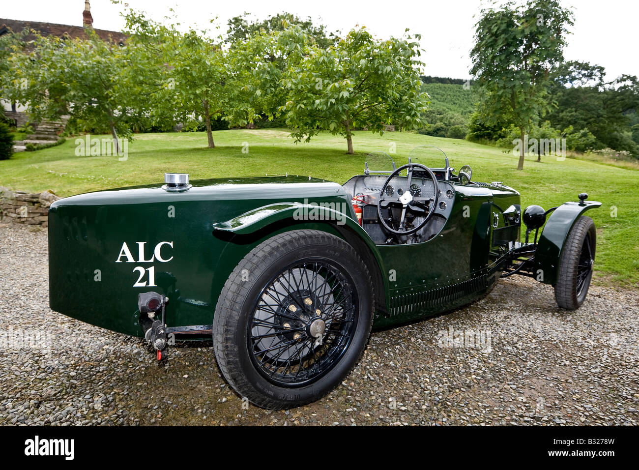1928 Riley sports car in the drive of a country house in Shropshire ...