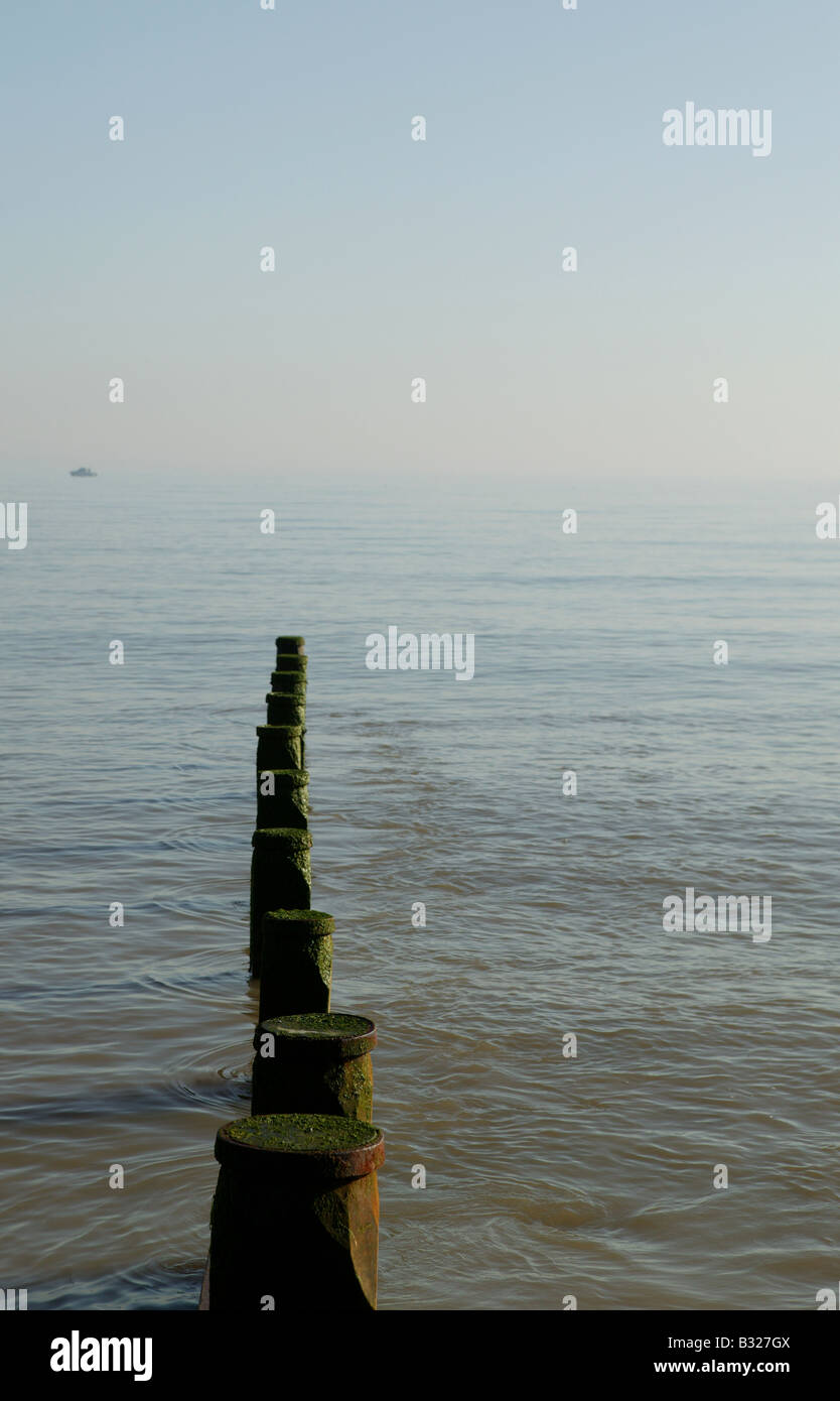 Coastal upright landscape in late afternoon with the posts of a coastal ...