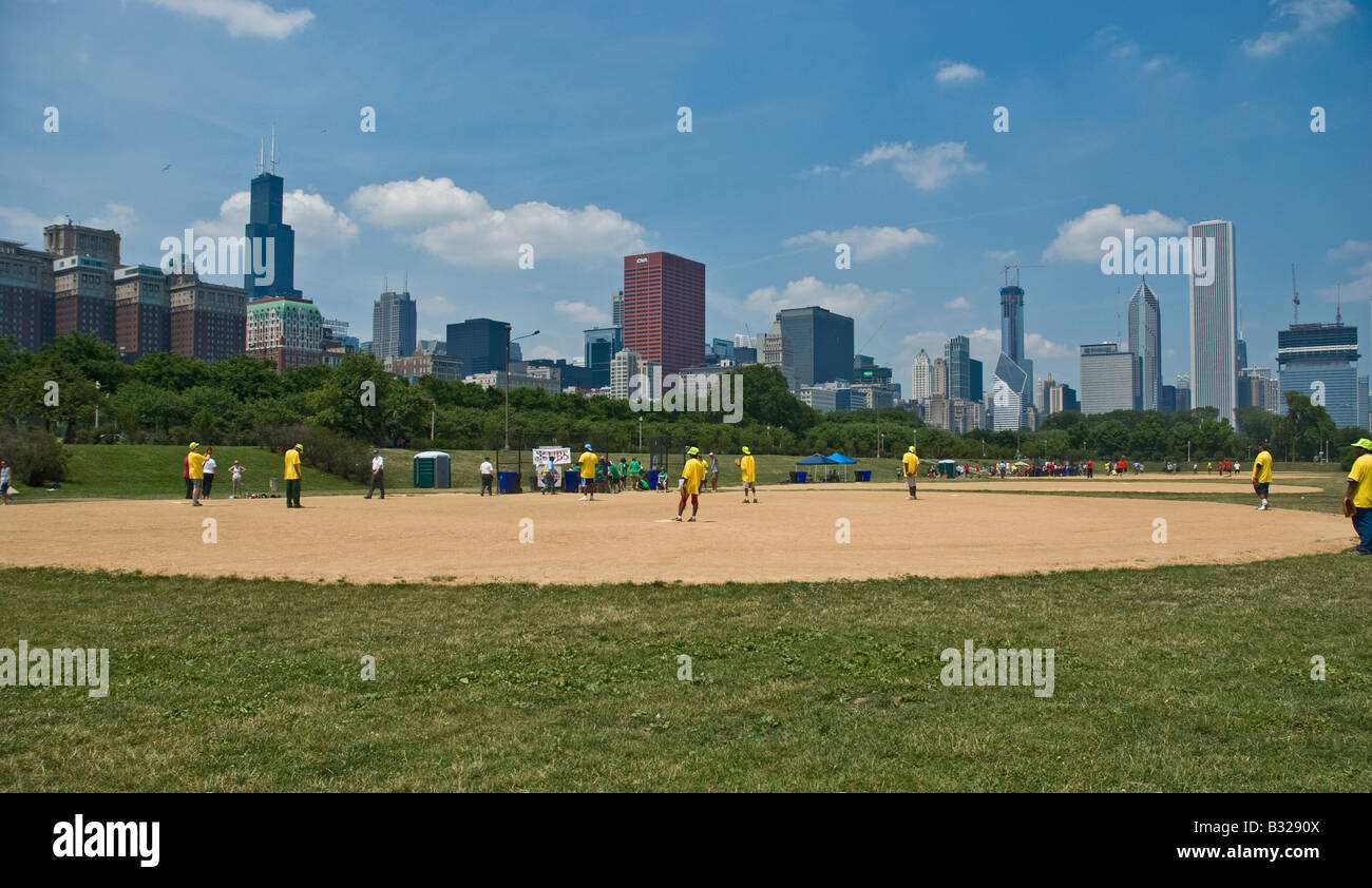 Wide angle view of the Chicago skyline at a Special Olympics softball ...