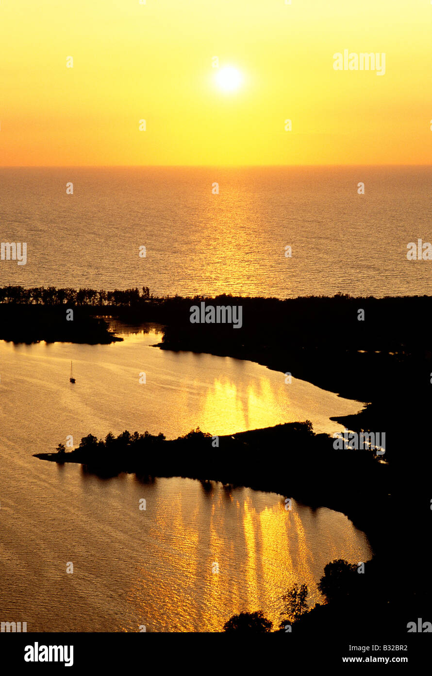 Aerial view of sunset over Presque Isle State Park and Lake Erie ...