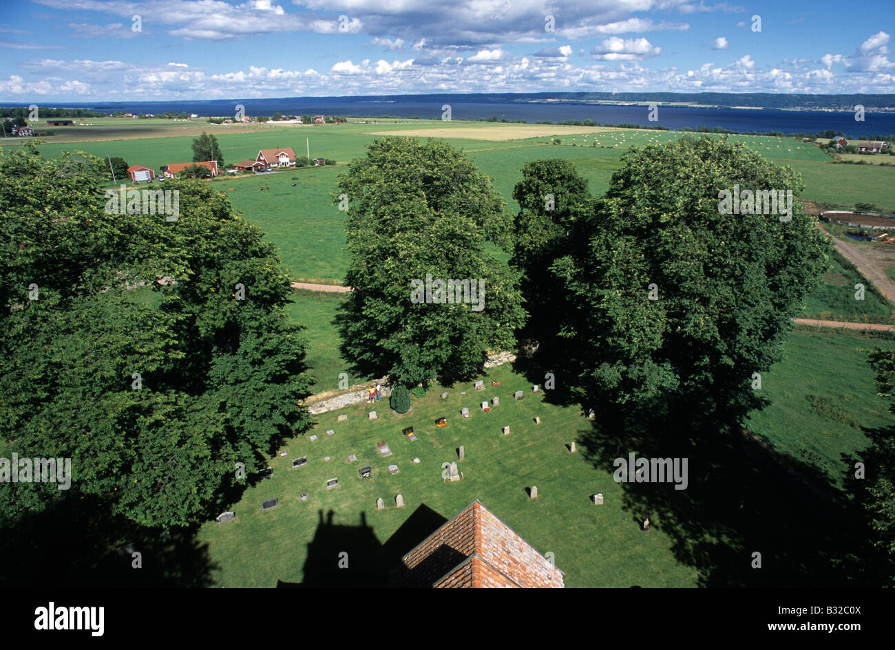 Sweden Visingso island bird eye view of cemetery fields and lake Stock ...