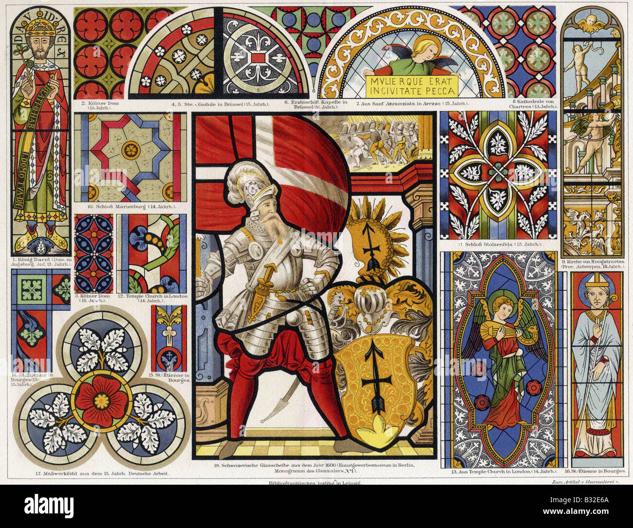 Chromolithograph of stained glass windows. From a 1900 German book ...