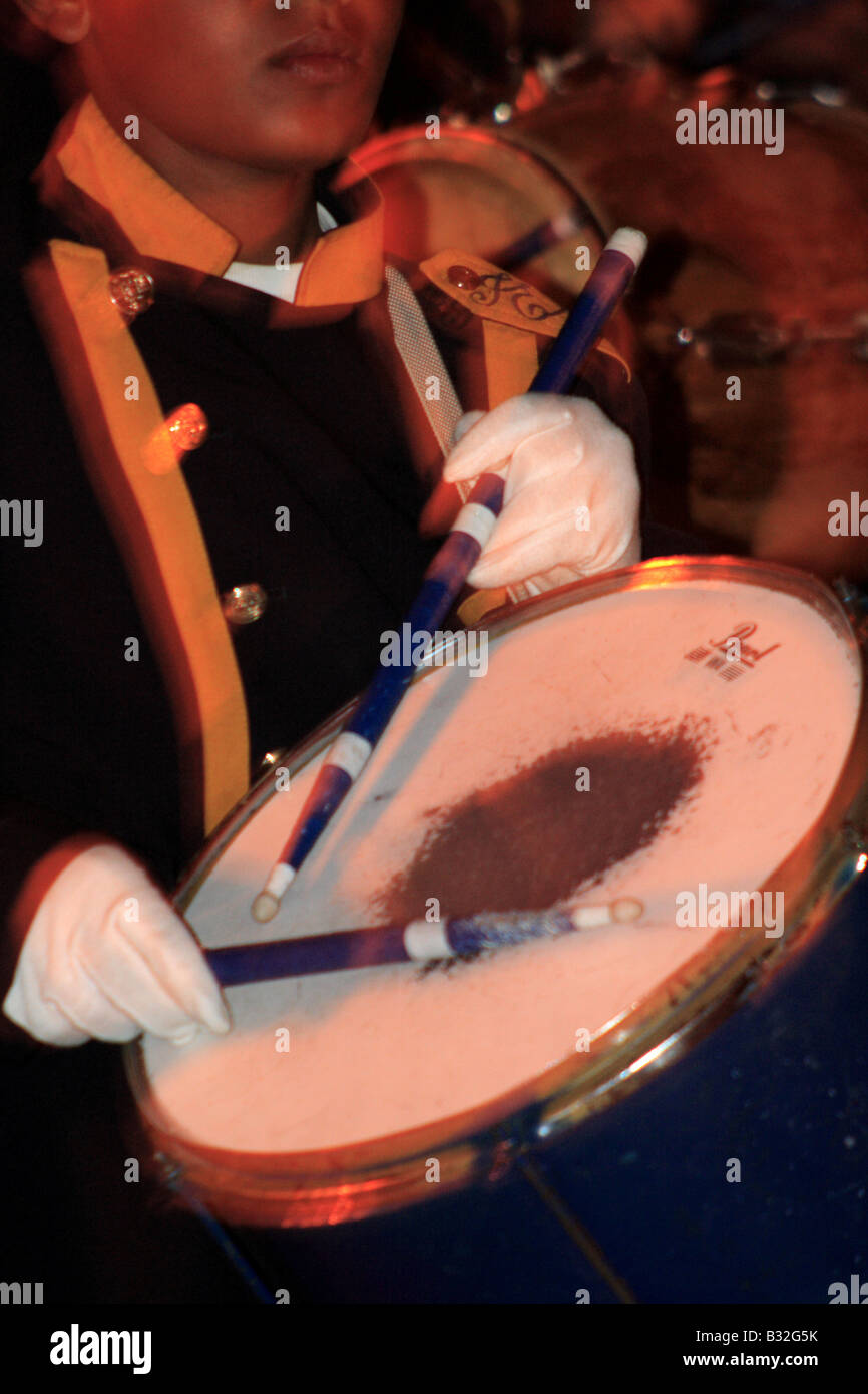 a young drummer of a marching band during a parade, Tunja, Boyacá ...
