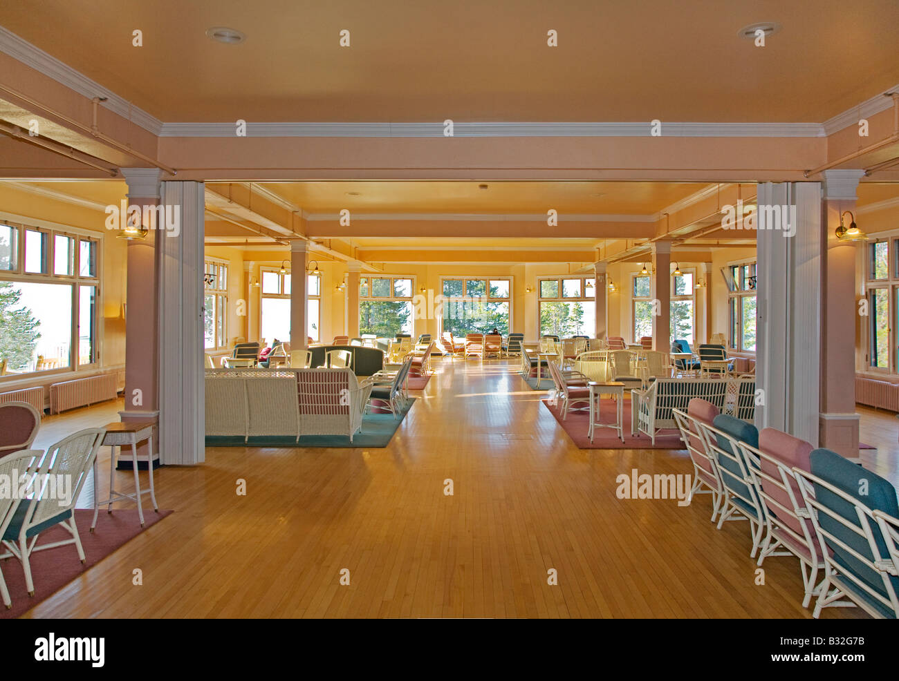 The lobby of the historic LAKE YELLOWSTONE HOTEL which was completed in ...