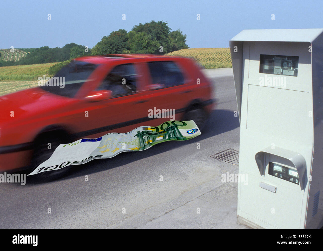 Car drives too fast at radar monitoring photomontage with 100 euro ...