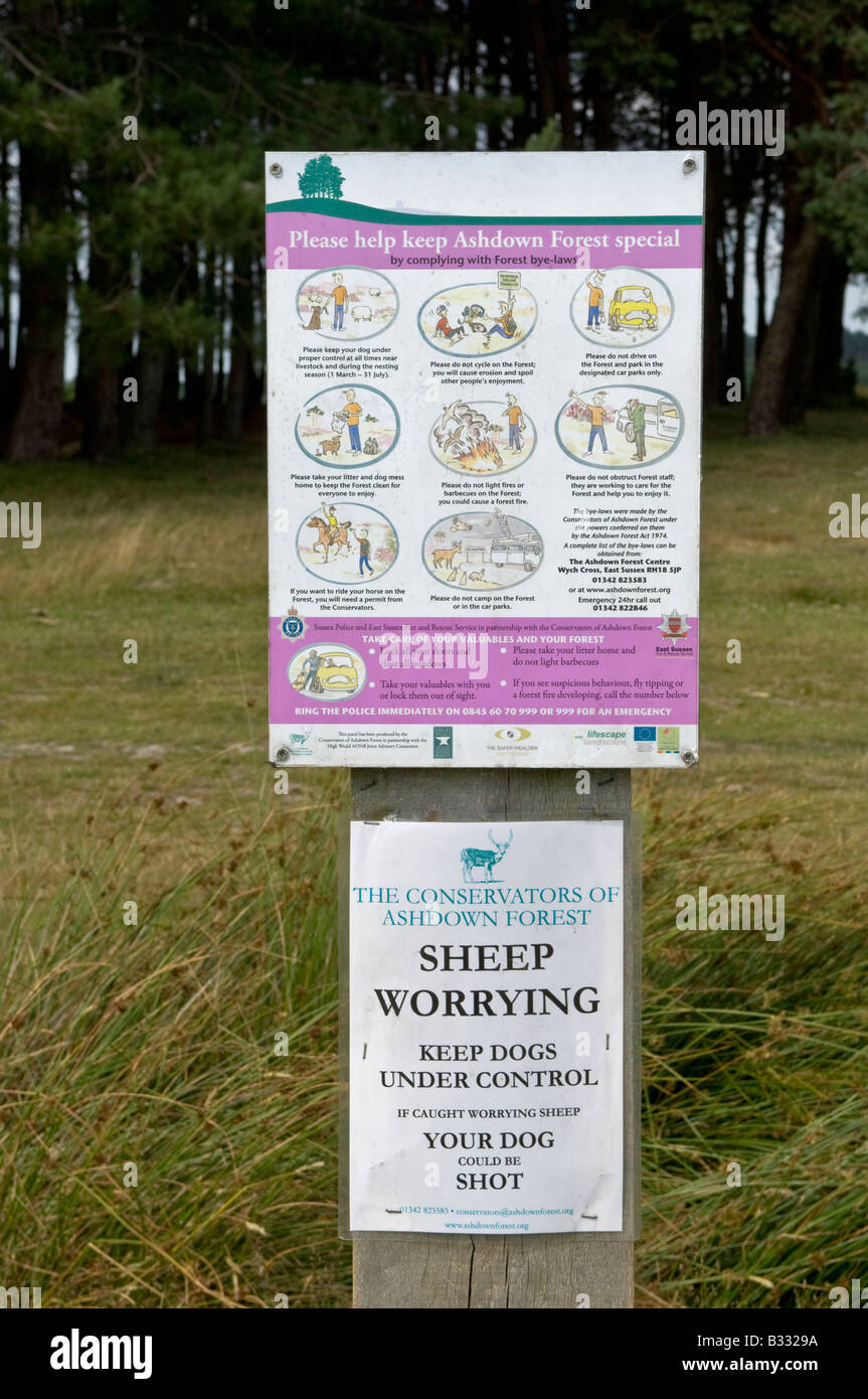 Signs outlining bye laws and warning dog owners about sheep worrying on ...