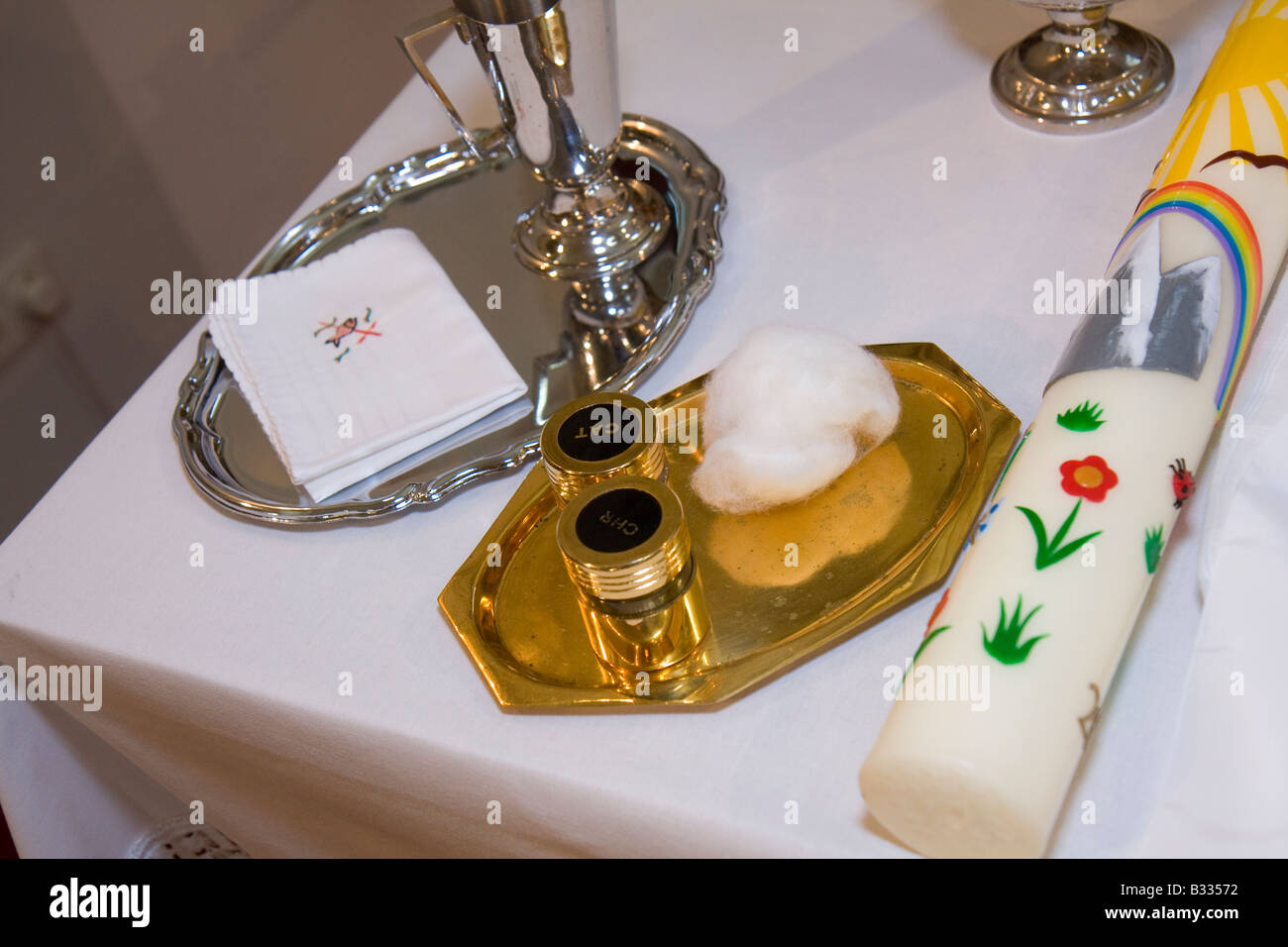baptism utensils in church Stock Photo - Alamy