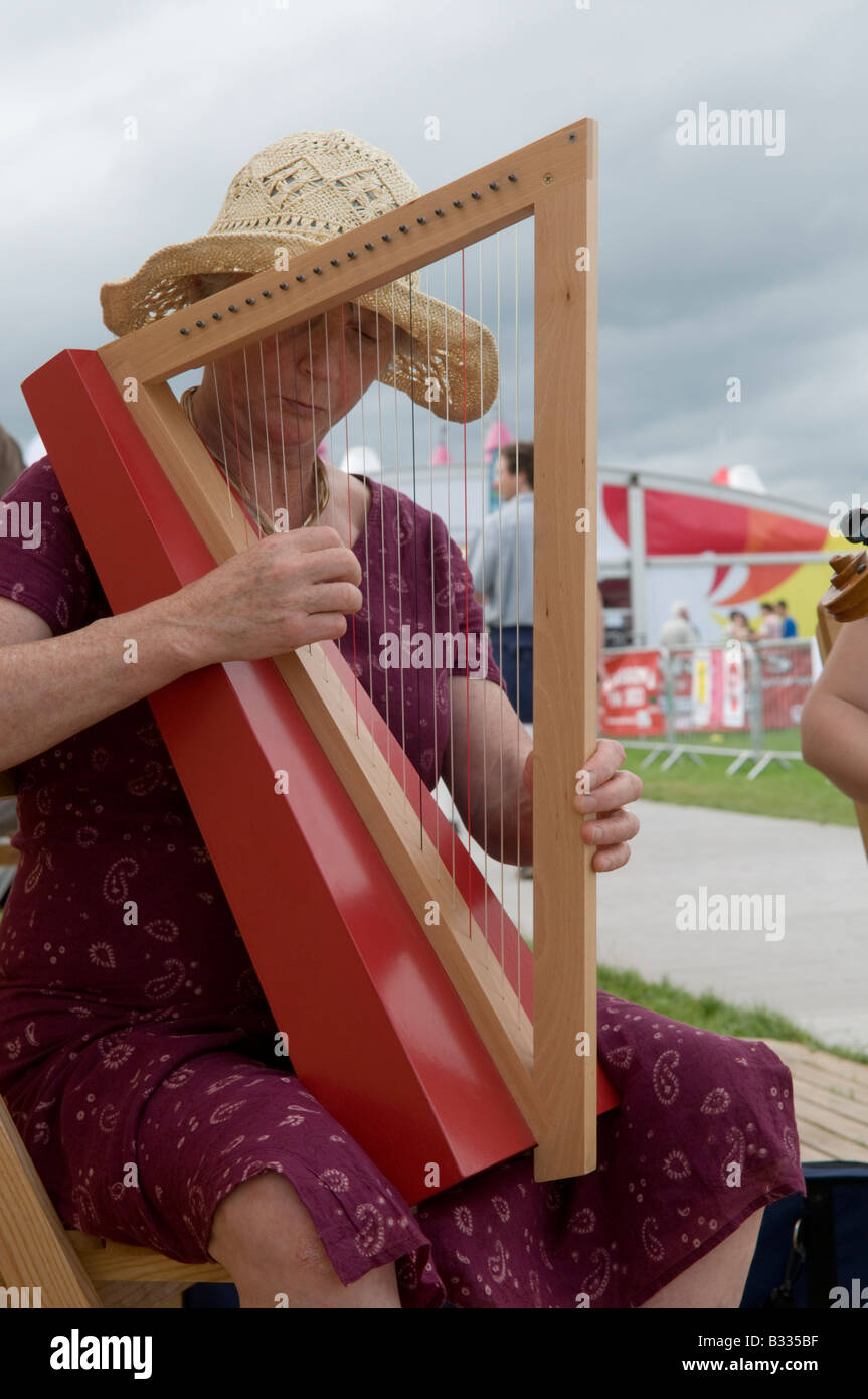 Woman playing modern welsh harp at National Eisteddfod of Wales Cardiff ...