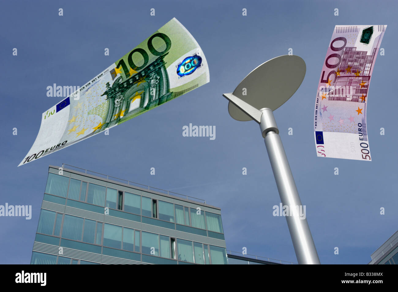 photomontage Euro banknotes with modern buildings Stock Photo - Alamy
