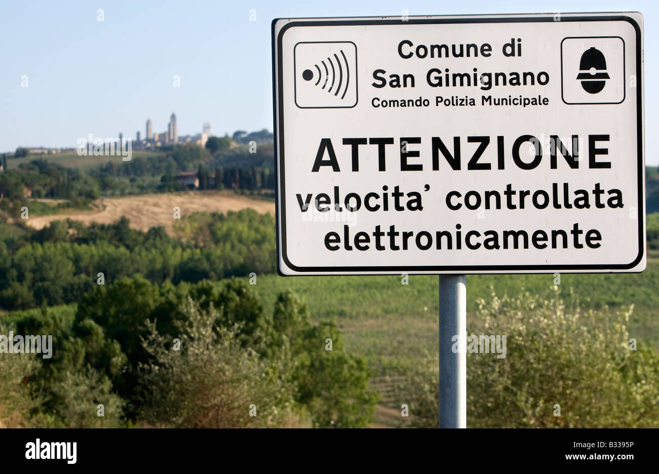 Speed camera warning sign with San Gimignano in background Tuscany ...