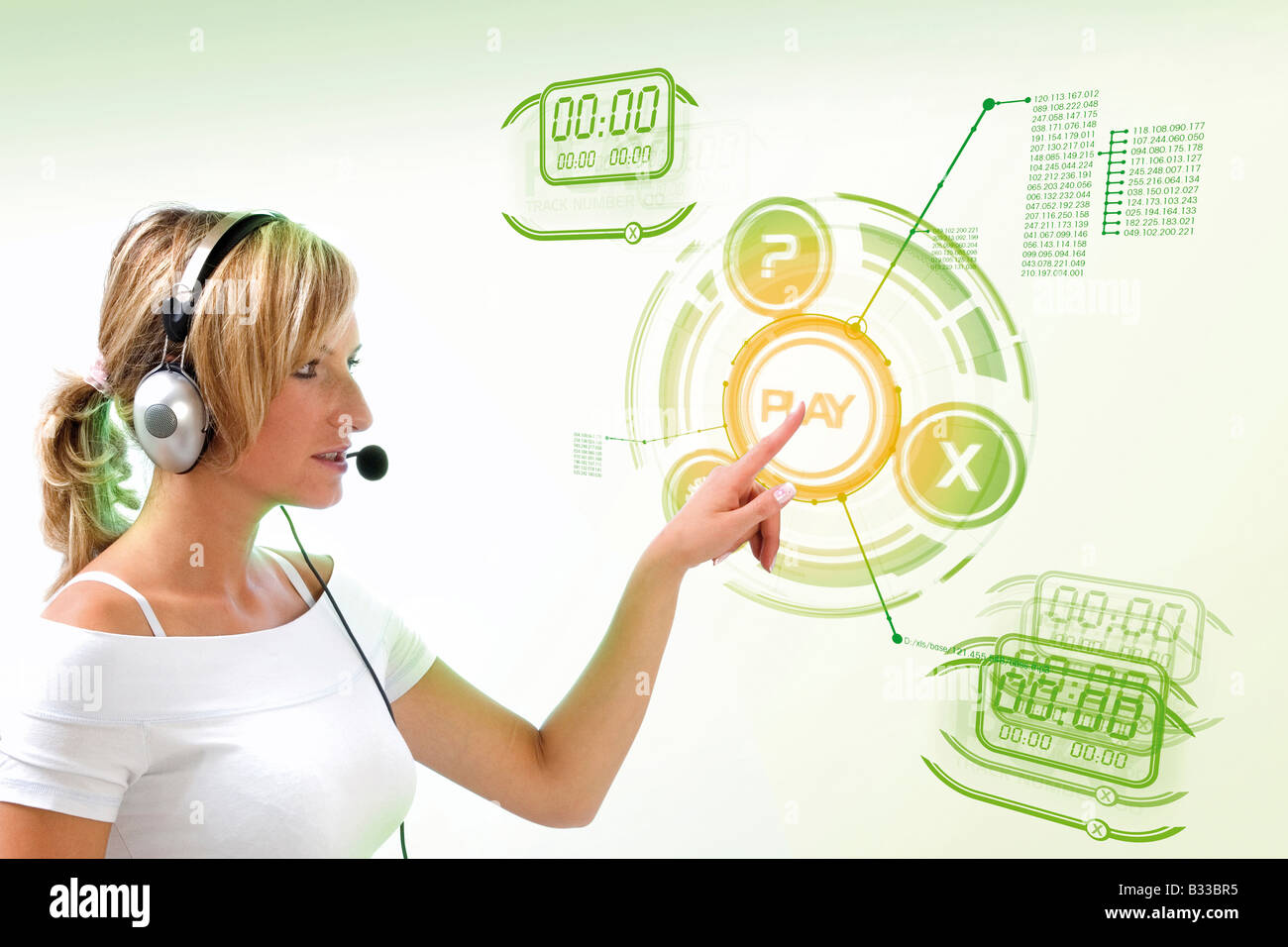 Woman selecting on a virtual screen user interface Stock Photo - Alamy