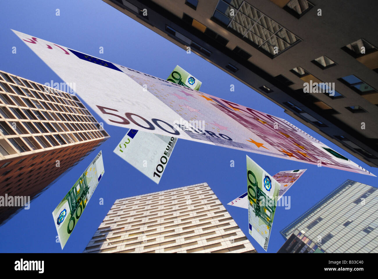 photomontage Euro banknotes with modern buildings Stock Photo - Alamy