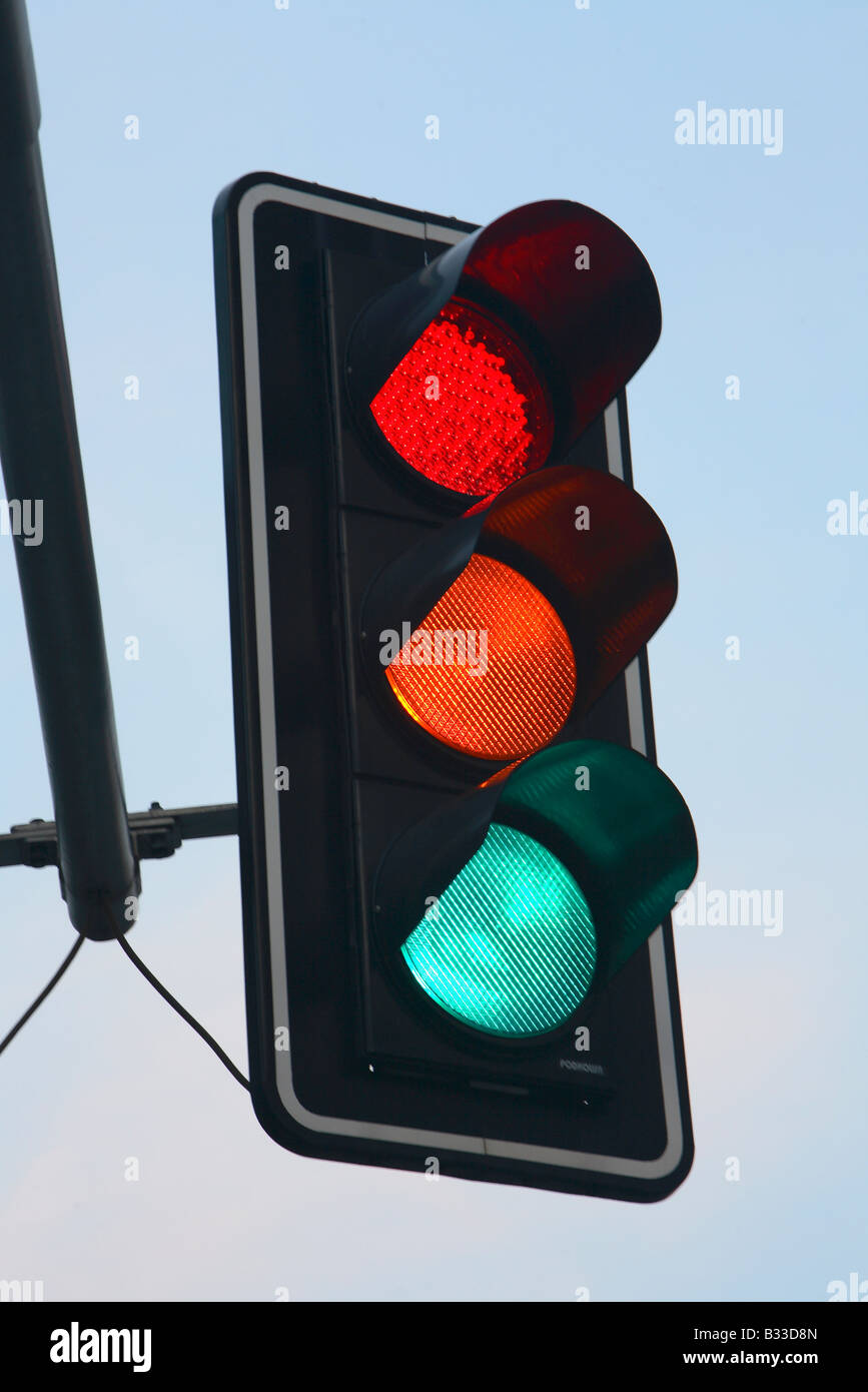 city traffic lights in Warsaw, red orange green Stock Photo - Alamy