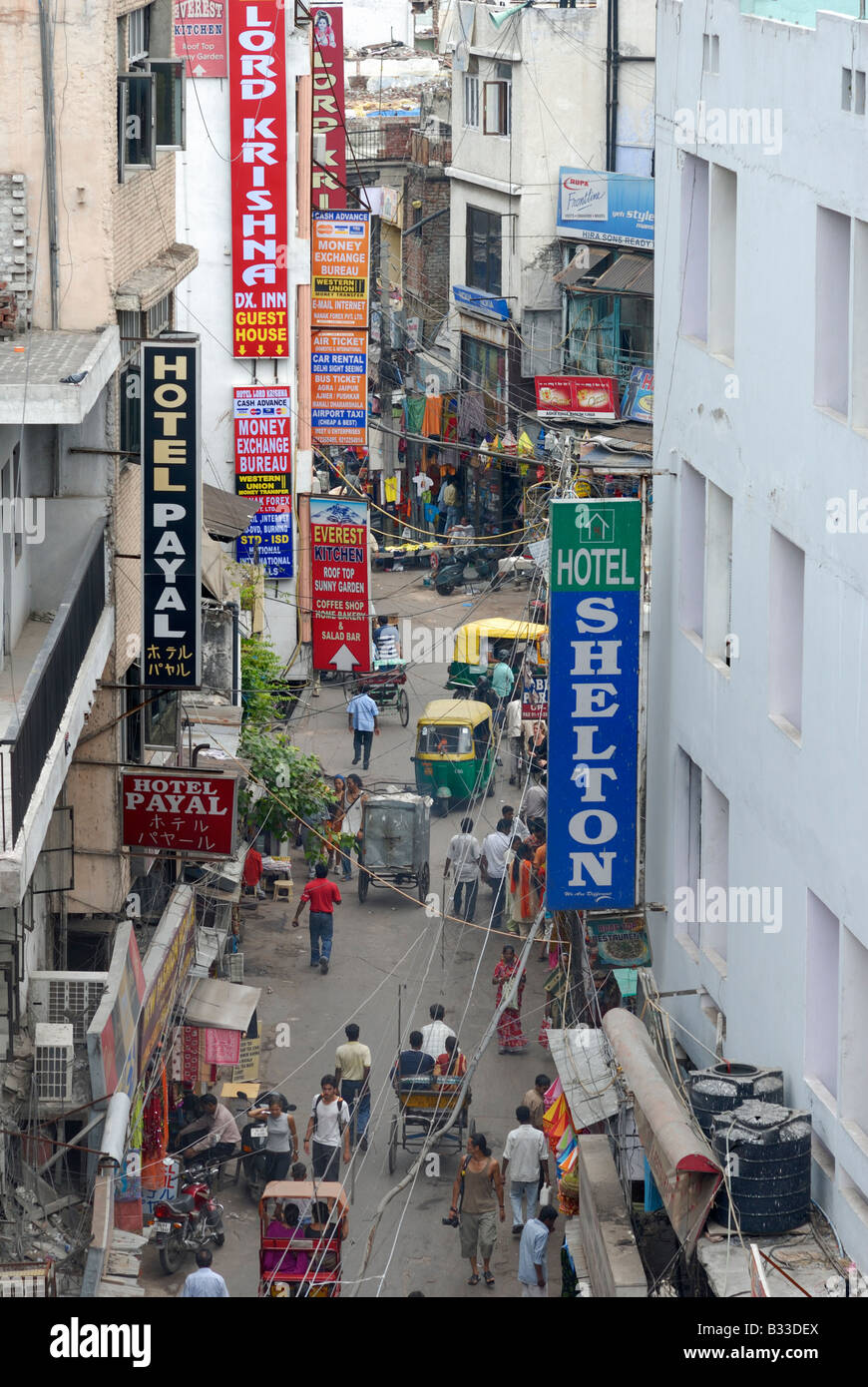 high angle snapshot of the street view at Pahar Ganj in Delhi, India ...