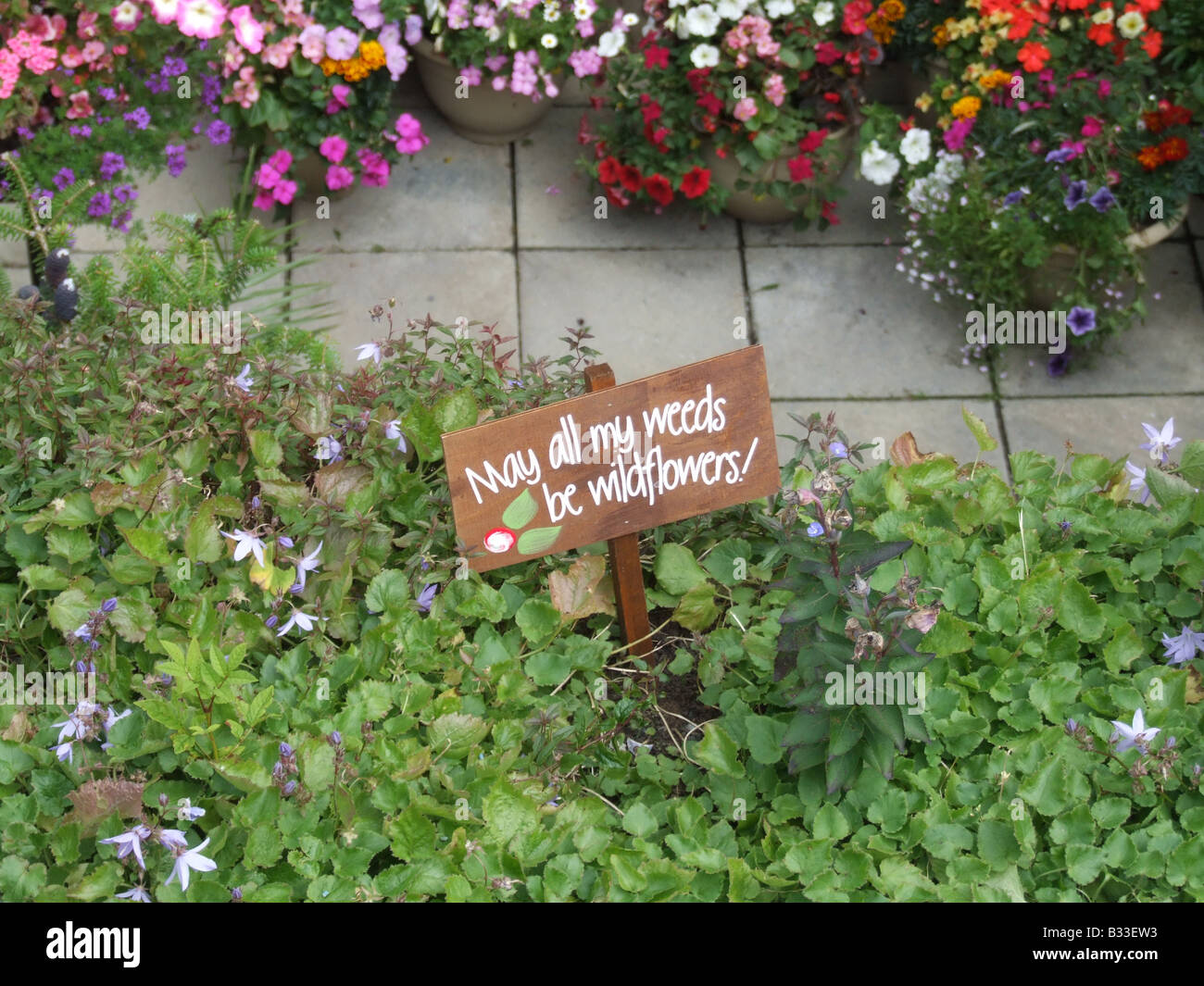 funny sign in a garden with flowers and weeds Stock Photo - Alamy