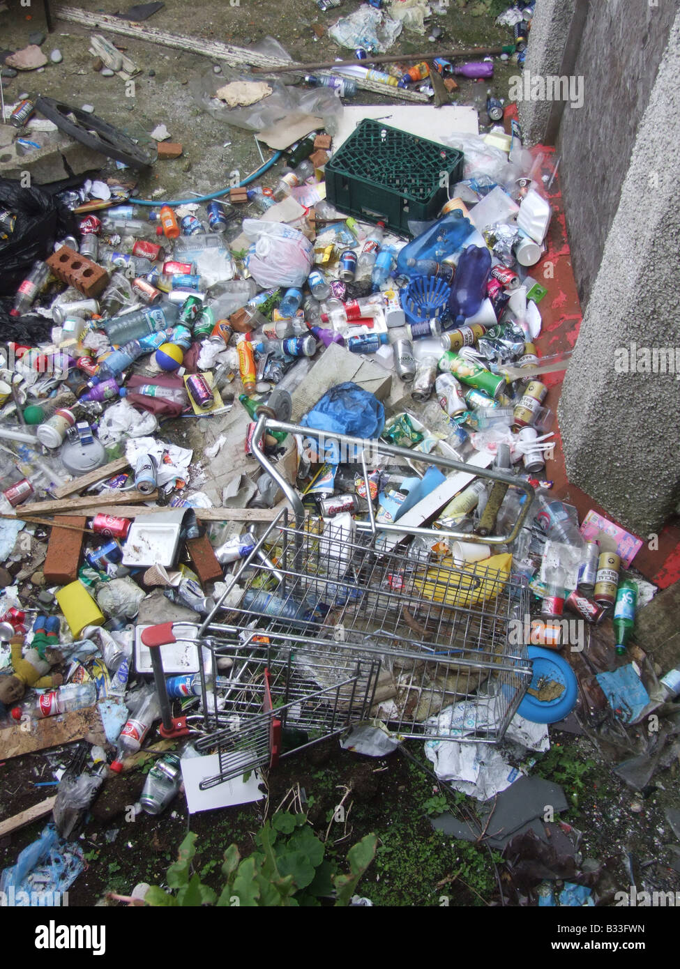 litter and shopping trolley dumped in back alley Stock Photo - Alamy
