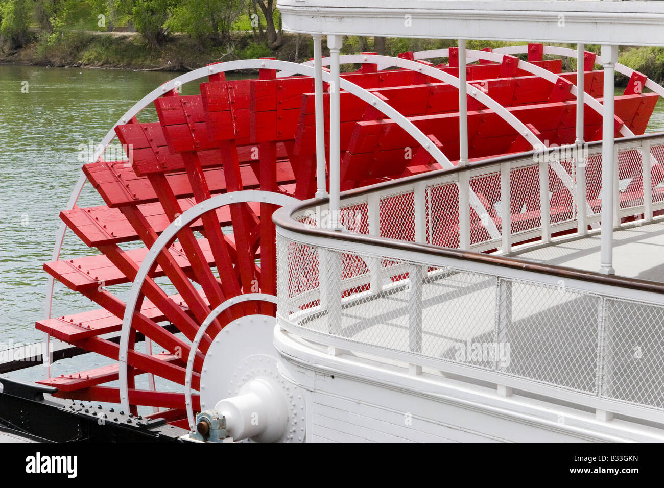 Close up of red paddlewheel of riverboat in Sacramento California USA ...