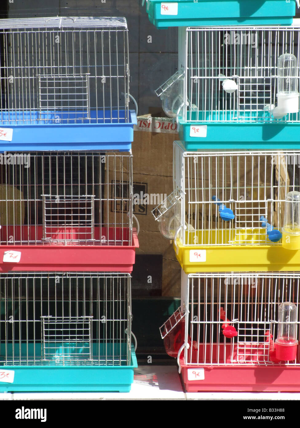 empty colourful bird cages in pet shop window Stock Photo - Alamy