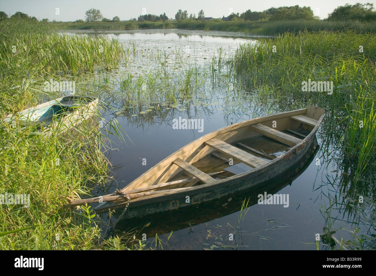 A swamped boat moored among reeds on Lake Tyla Birzai Lithuania Stock ...
