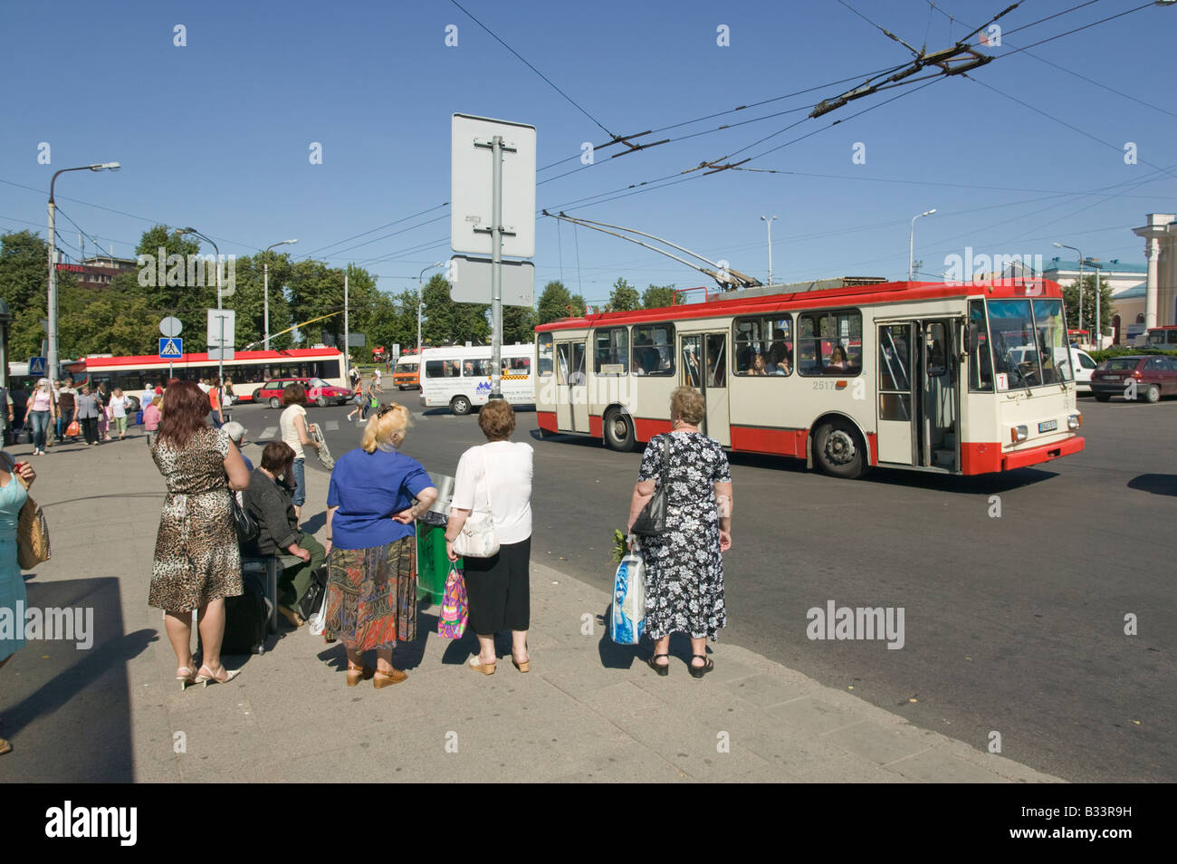 Waiting for a bus outside the railway station in Vilnius Lithuania ...
