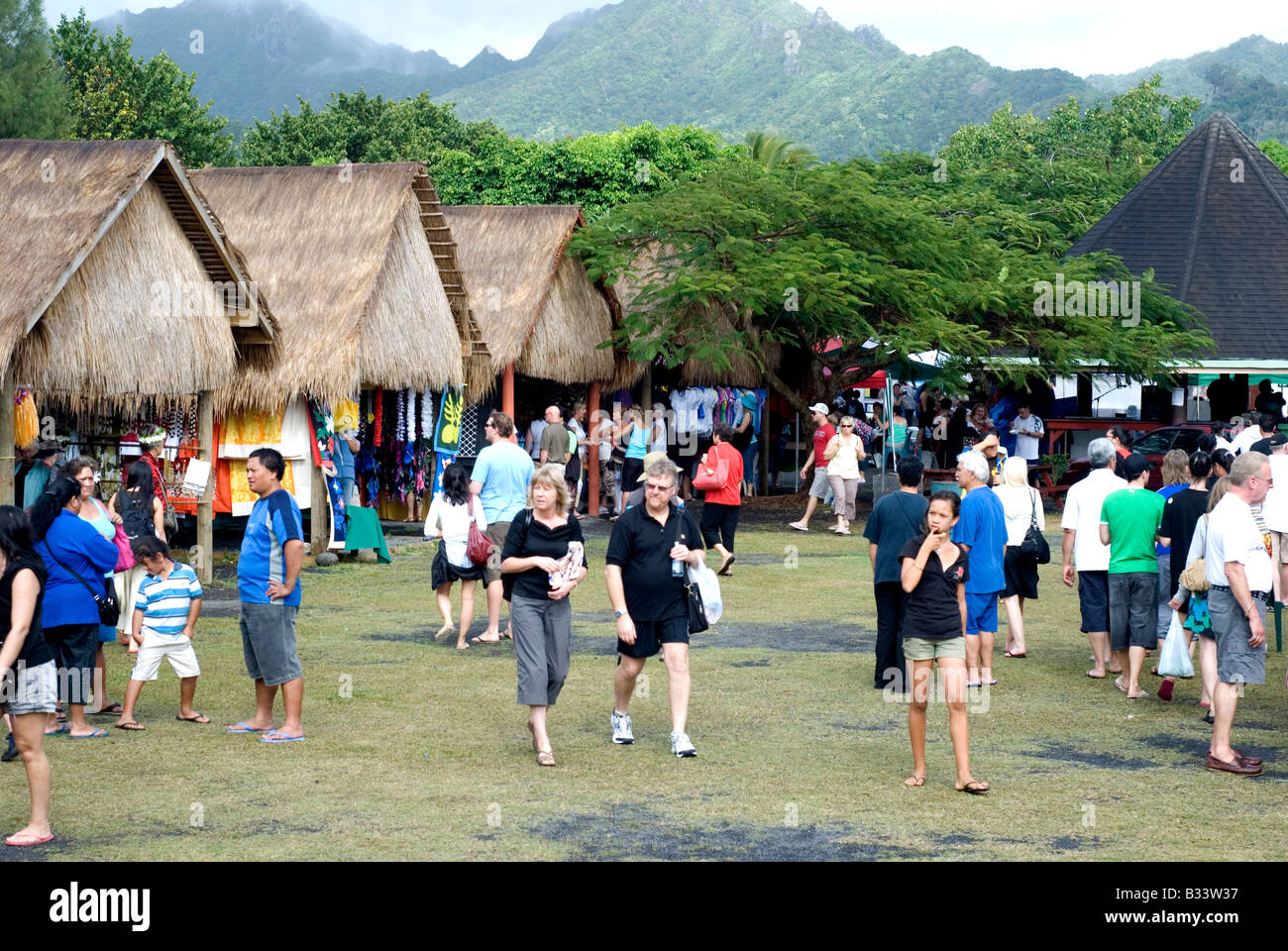 Rarotonga punanganui market scene avarua people adult crowd shop ...