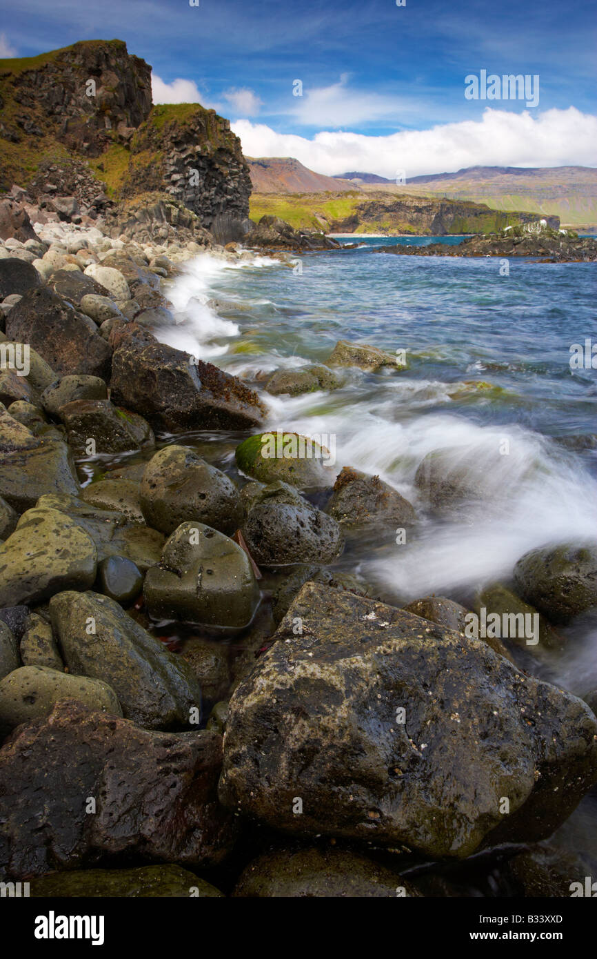A view of the shore at Arnarstapi on the Snaefellsnes Peninsula of ...