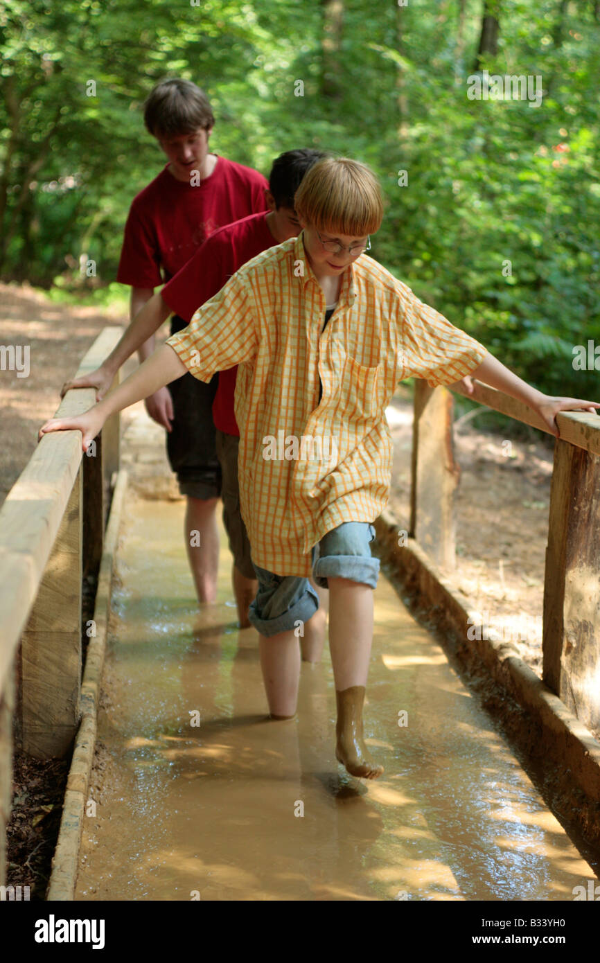 kids walking on barefoot path at Egestorf in Northern Germany Stock ...
