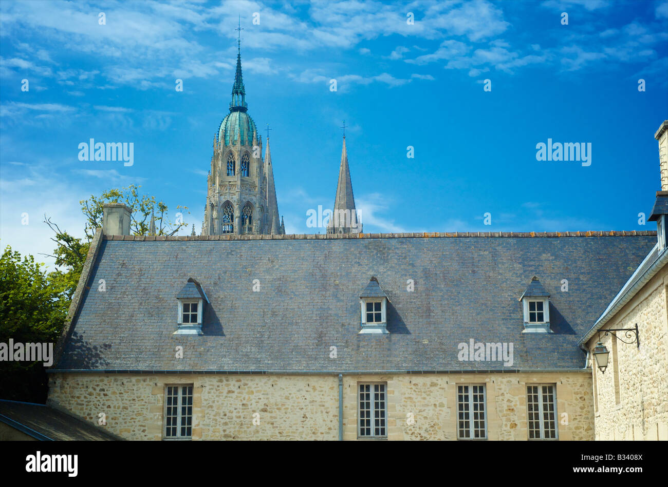 Buildings in Bayeux, Normandy, France, with Bayeux Cathedral in ...