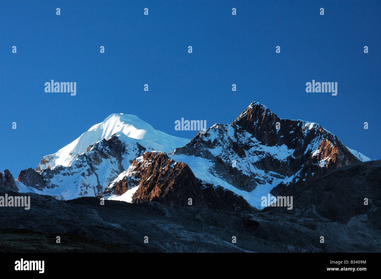 Summit of Mt Illampu 6368m seen from Laguna Glaciar Bolivia South ...