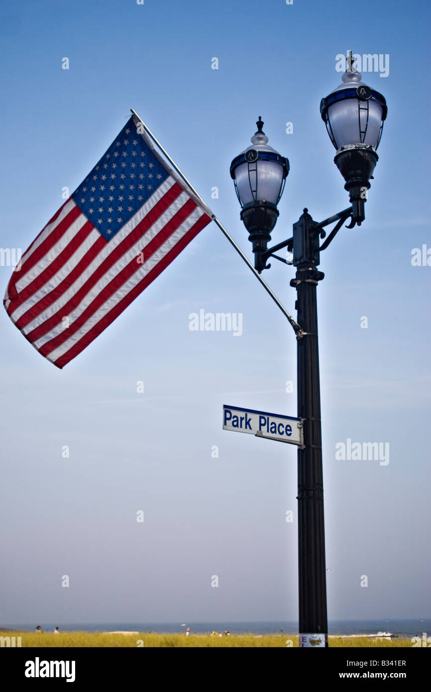 Light post with American flag at Park Place overlooking Atlantic City ...