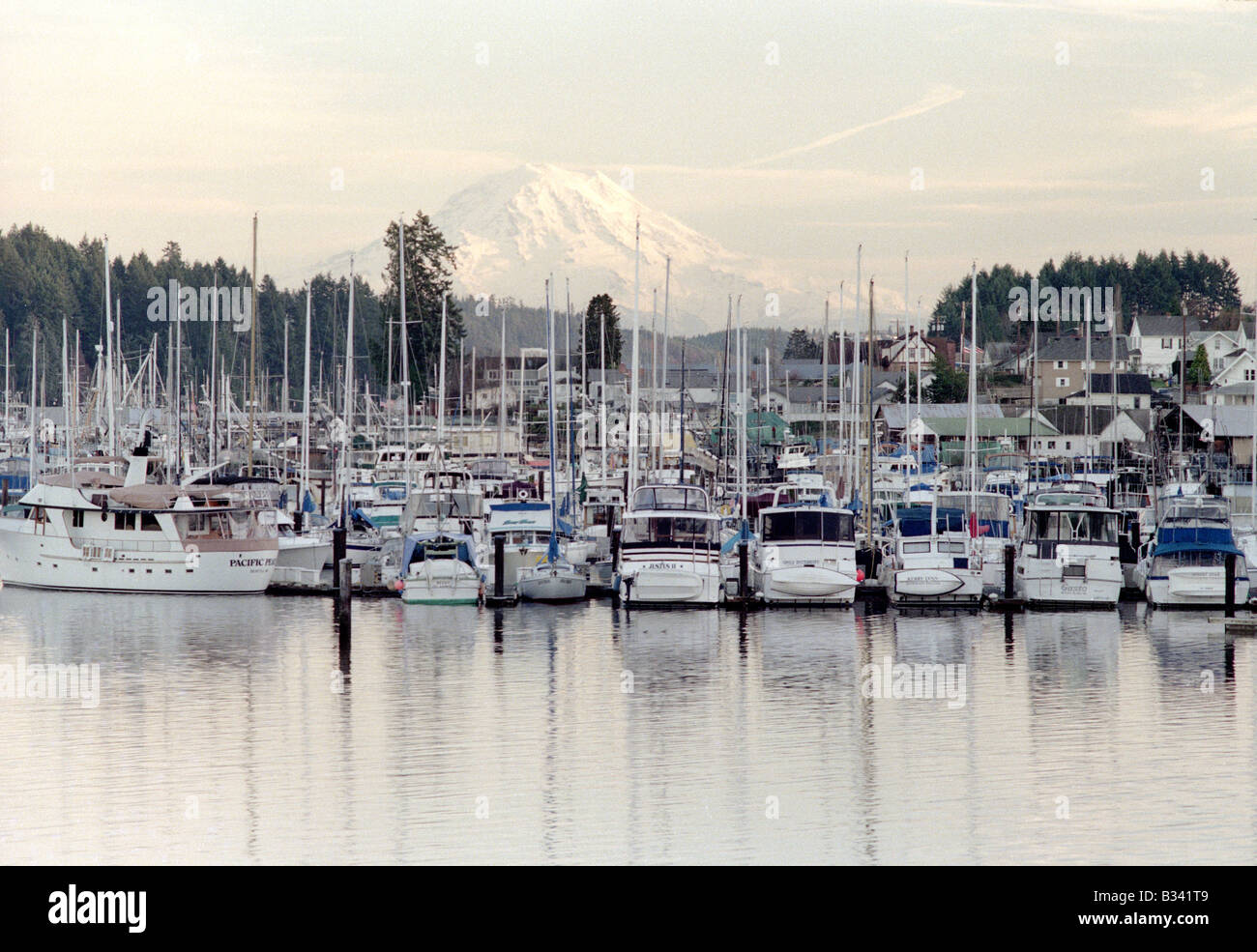 Gig Harbor and Boats with Mt. Rainier Puget Sound Washington Stock ...
