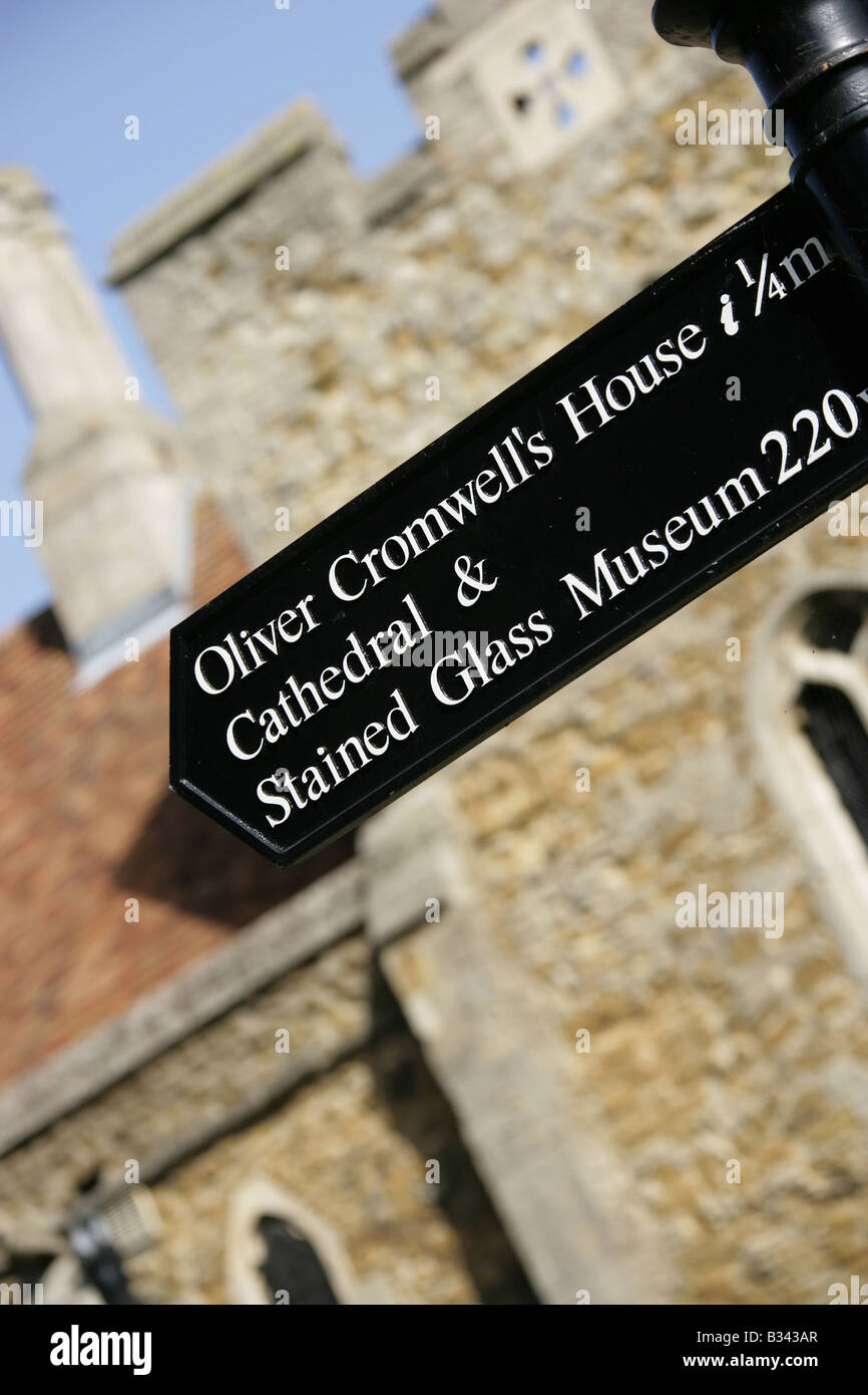 City of Ely, England. Tourist direction sign near Ely Cathedral with ...