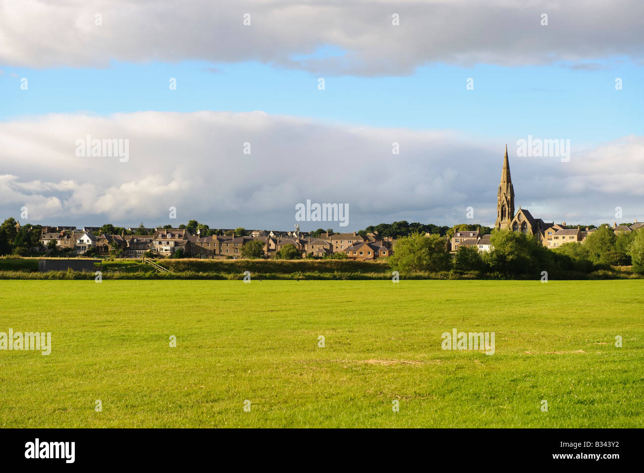 Landscape with grazing field Kelso Scotland North Church spire and ...