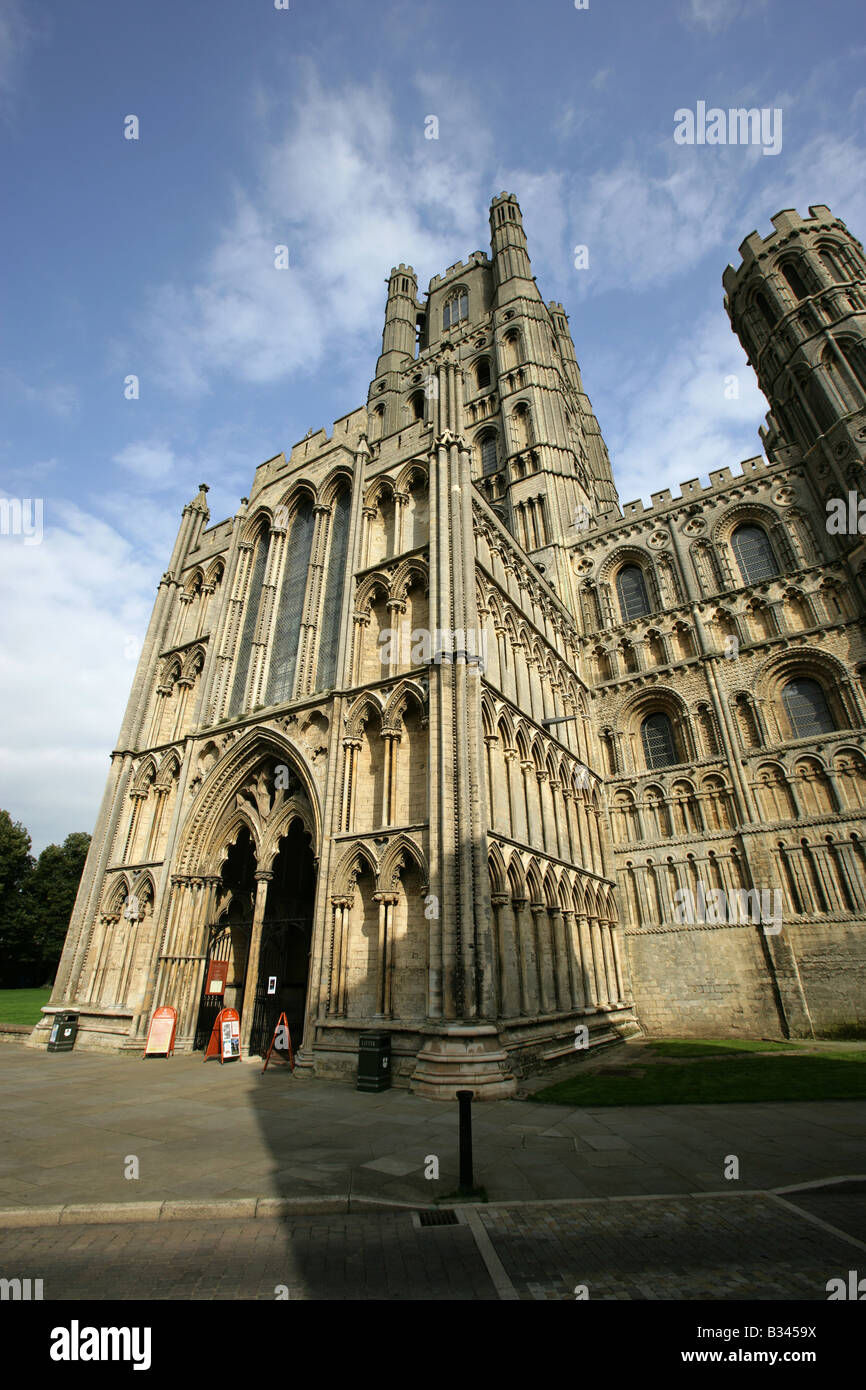 City of Ely, England. Low angled view of the west façade and main ...