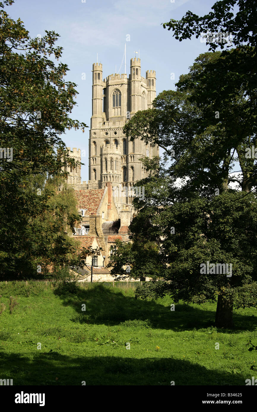 City of Ely, England. View of the south facade and towers of of Ely ...