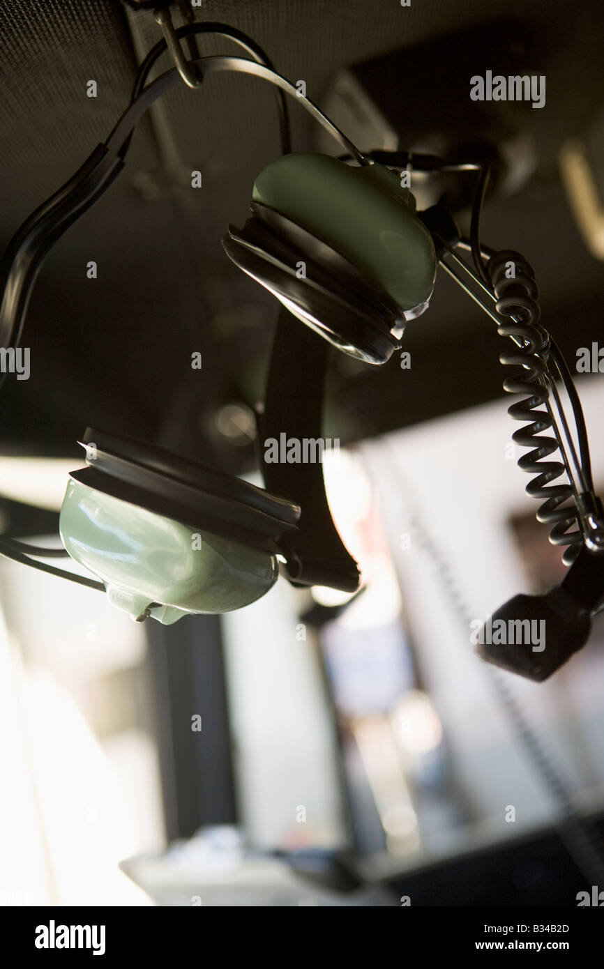 Firefighter's headset hanging in fire engine (selective focus Stock ...