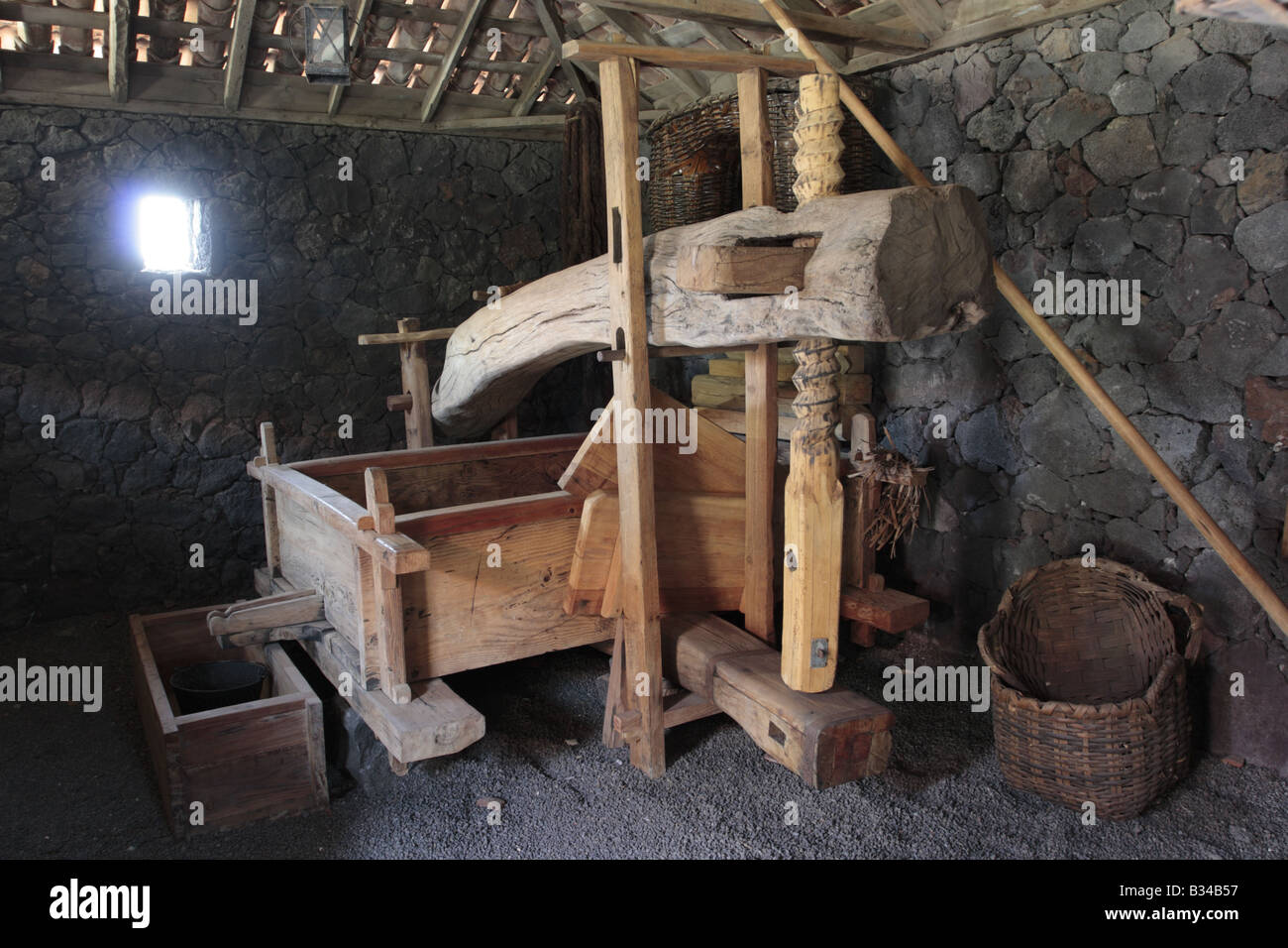 A Lagar wine press made from tea wood at the wine Musuem in Las Manchas ...