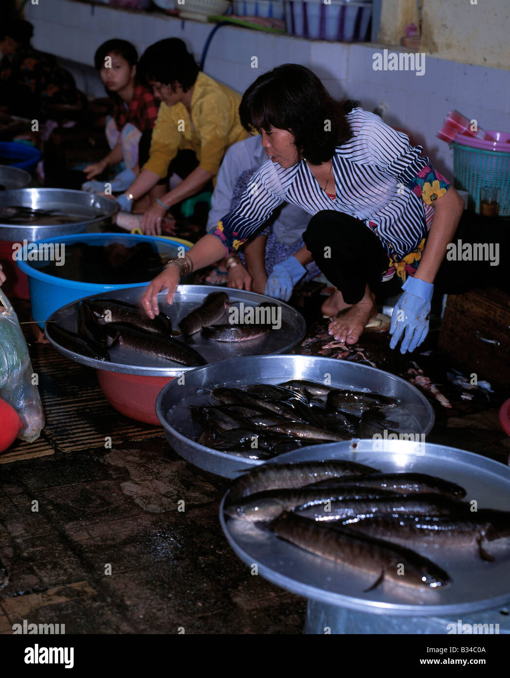 fish sellers selling fish in a vietnamese/ oriental market place Stock ...