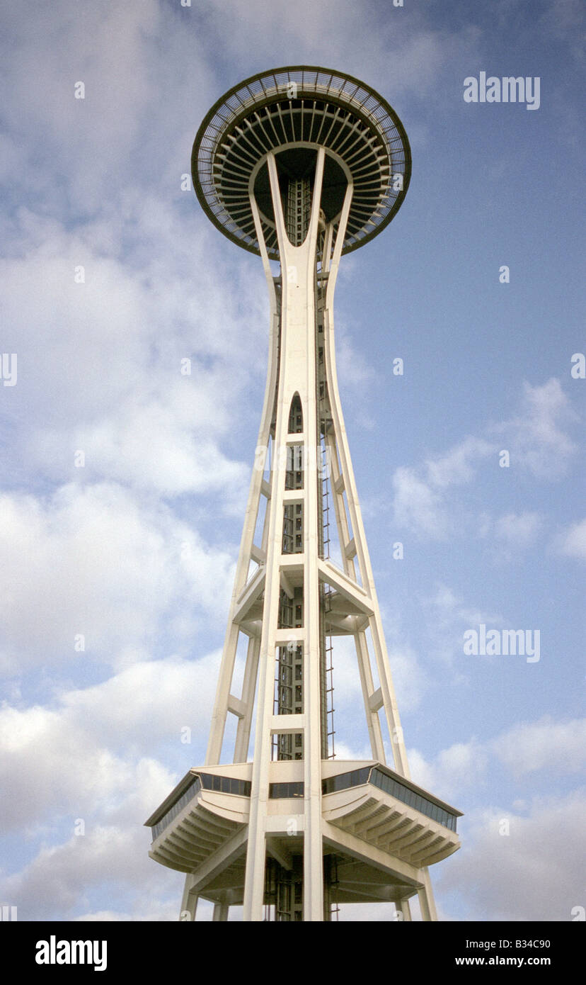 Seattle Space Needle and Big Pillow Like Clouds with Blue Sky Stock ...