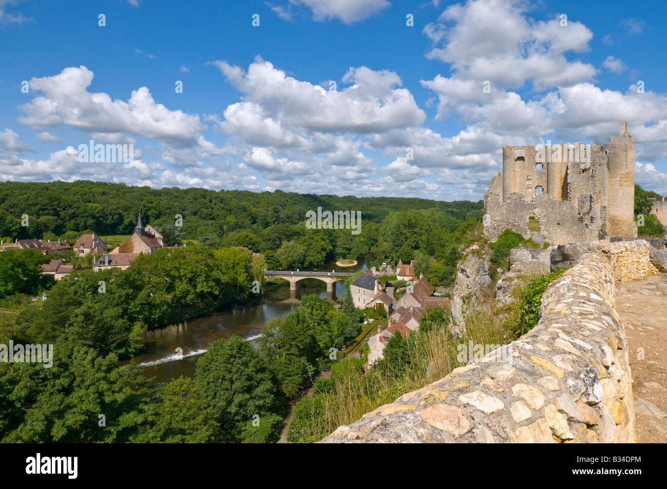 View from chateau walls overlooking river l'Anglin and town of Angles ...