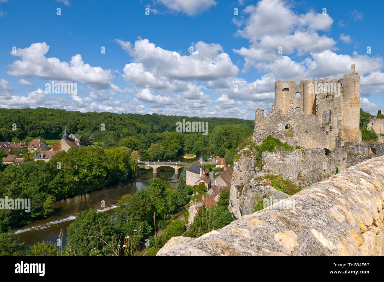 View from chateau walls overlooking river l'Anglin and town of Angles ...