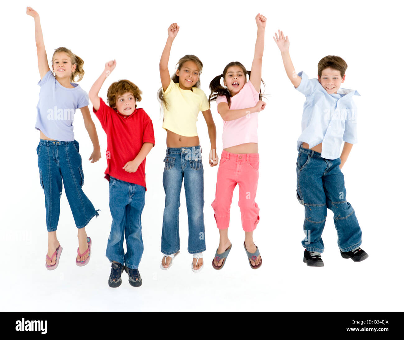 Group five happy kids jumping hi-res stock photography and images - Alamy