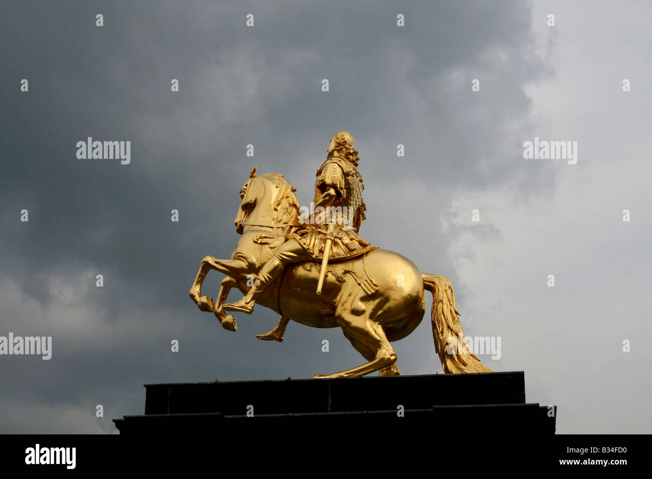 The Golden Rider statue against storm clouds Dresden Germany June 2008 ...