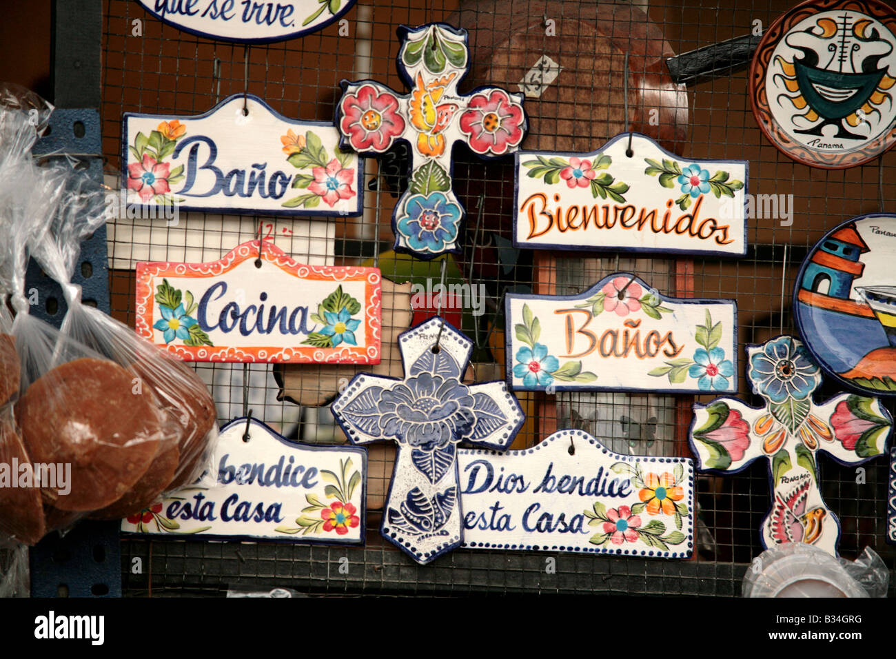 Signs made of ceramic on display at El Valle market for sale Stock ...
