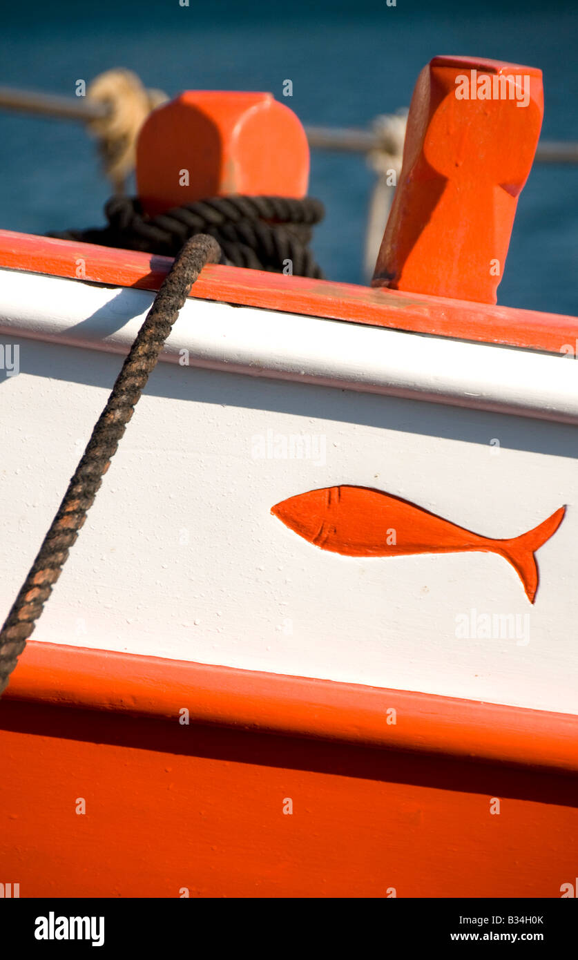 carved inlaid fish motif detail classic wood greek island fishing boat ...