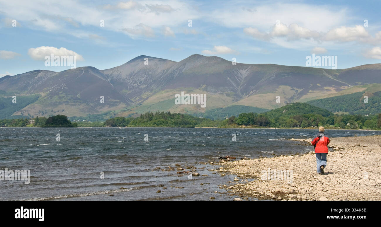 Woman walking along lakeshore, Derwent Water, Lake District, North ...