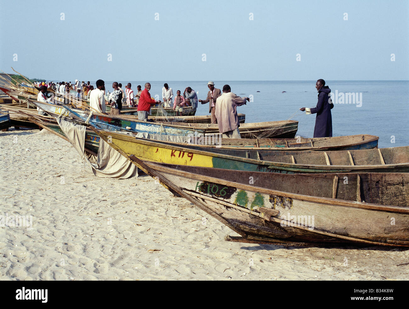 Uganda, Lake Edward, Rwenshama. Wooden fishing boats line the eastern ...