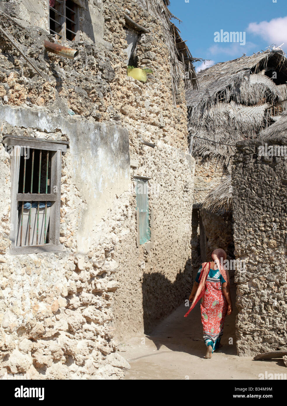 Kenya, Pate Island, Pate Village. A Swahili woman in brightly coloured ...